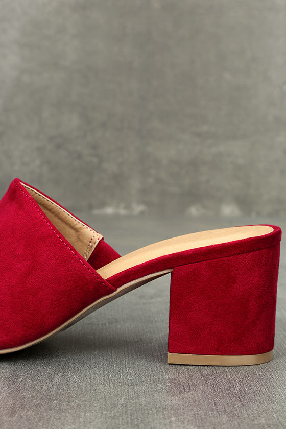 Chic Dark Red Heels - Vegan Suede Mules - Red Mules - Peep-Toe Mules ...