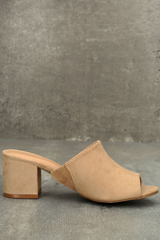 Chic Natural Heels - Vegan Suede Mules - Nude Mules - Peep-Toe Mules ...