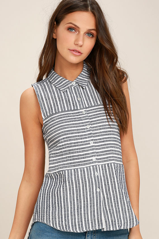 Cute Blue and White Top - Striped Top - Sleeveless Top - Button-Up Top ...