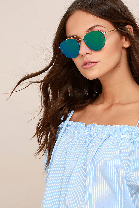 Cute Green Mirrored Sunglasses- Gold Aviator Sunglasses - Green Sunnies ...