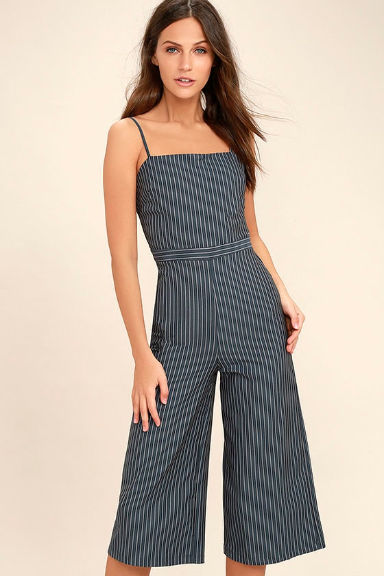 Cool Slate Grey Striped Jumpsuit - Midi Jumpsuit - Culotte Jumpsuit ...
