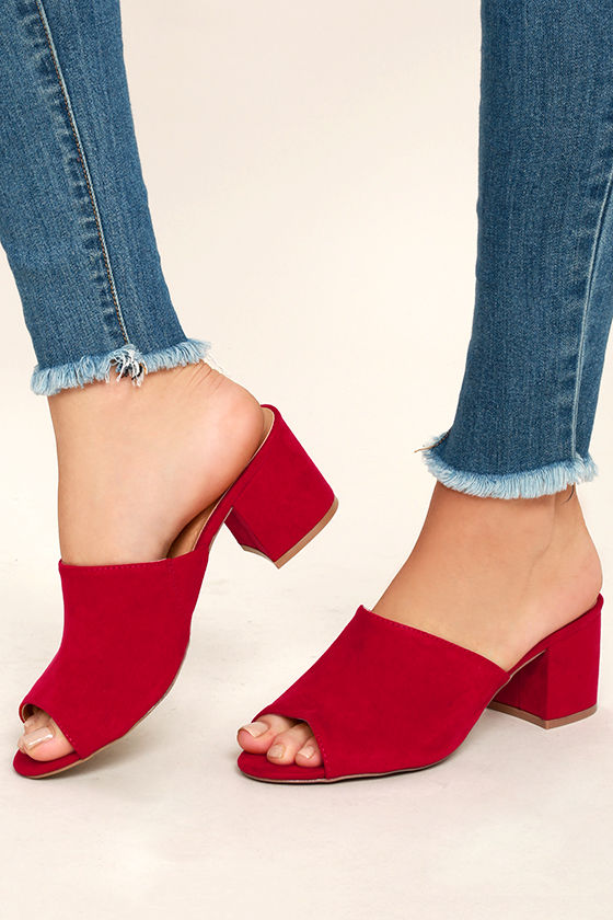Chic Dark Red Heels - Vegan Suede Mules - Red Mules - Peep-Toe Mules ...