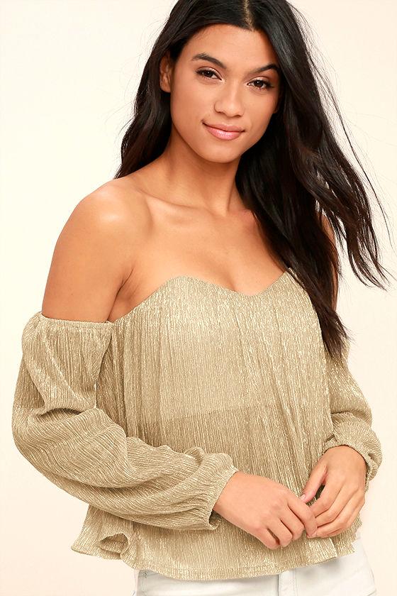 Chic Gold Top - Off-The-Shoulder Top - Long Sleeve Top - Crop Top - $57 ...