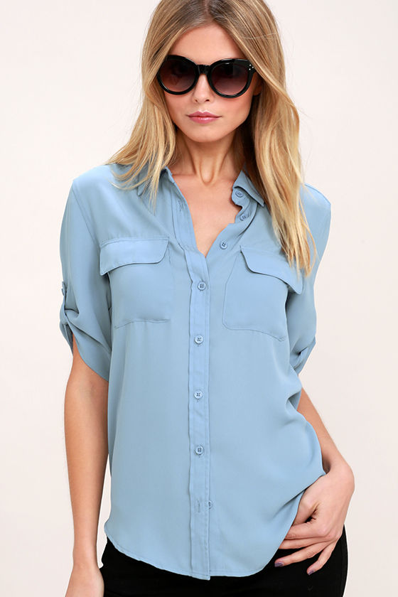 Cute Slate Blue Top - Button-Up Top - Short Sleeve Top - $44.00 - Lulus