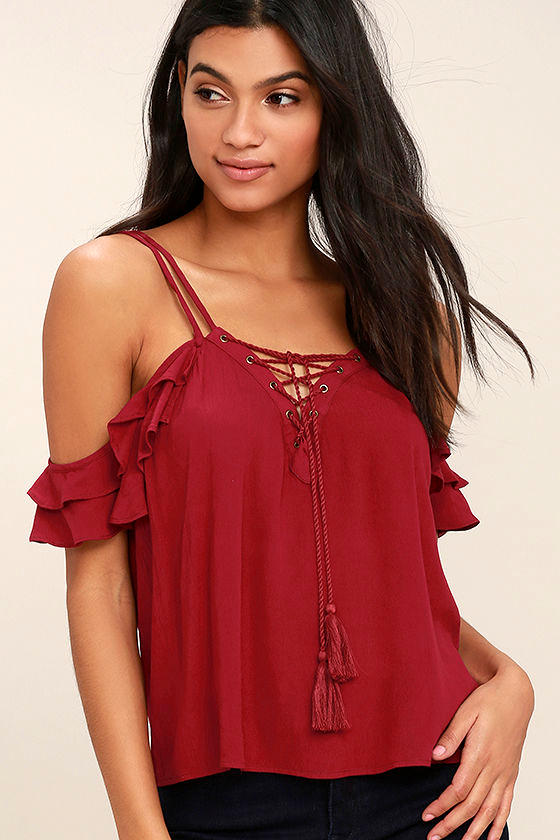Cute Wine Red Top - Lace-Up Top - Off-the-Shoulder Top - $32.00 - Lulus