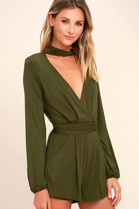 Sexy Olive Green Romper - Long Sleeve Romper - Surplice Romper - $54.00