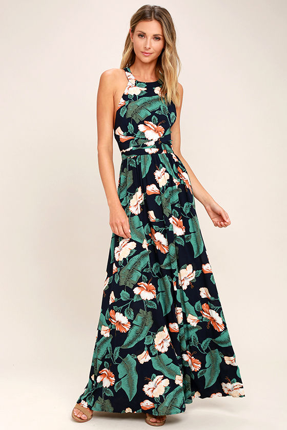 Lovely Navy Blue Dress Floral Print Dress Halter Dress Lulus