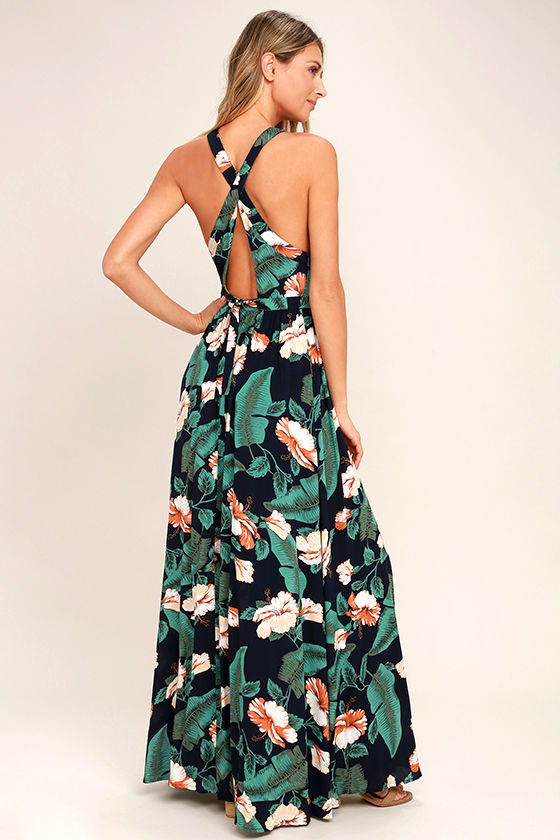 Lovely Navy Blue Dress Floral Print Dress Halter Dress Lulus