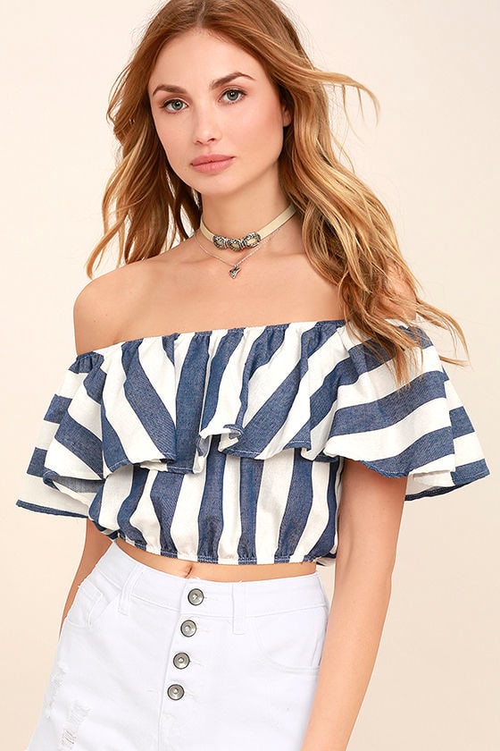 Cute Blue And White Top Striped Crop Top Off The Shoulder Crop Top