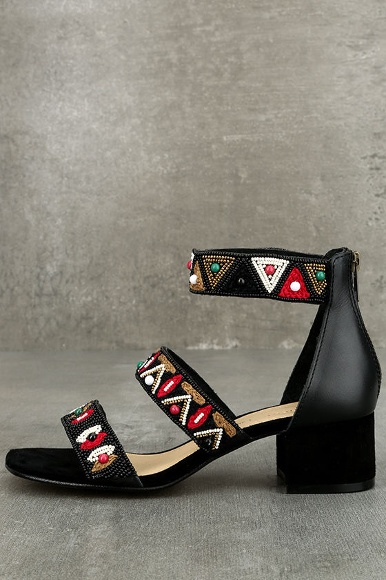 Chinese Laundry Mandala Heels - Black Leather Heels - Beaded Ankle ...