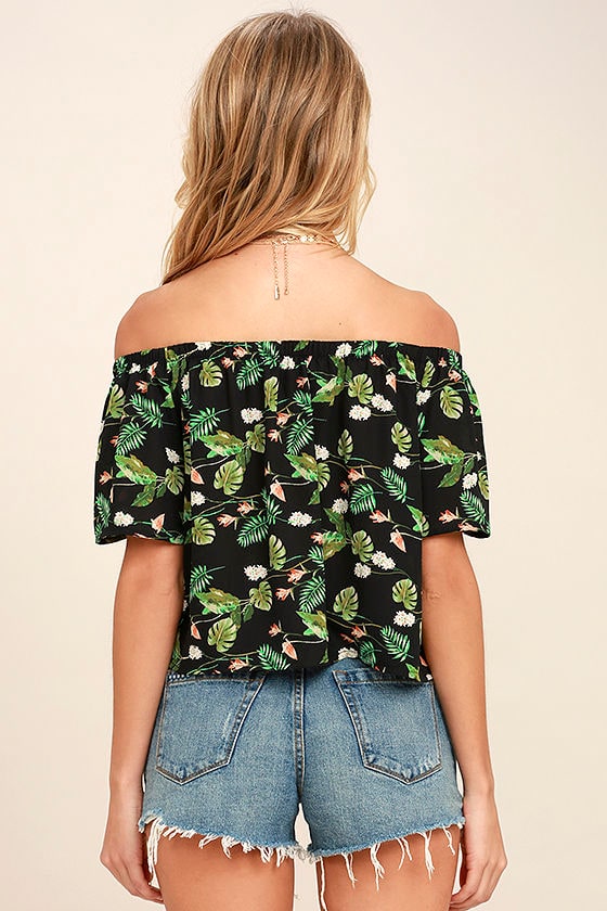 Cute Black Tropical Print Top - Off-the-Shoulder Top - Blouse - $42.00