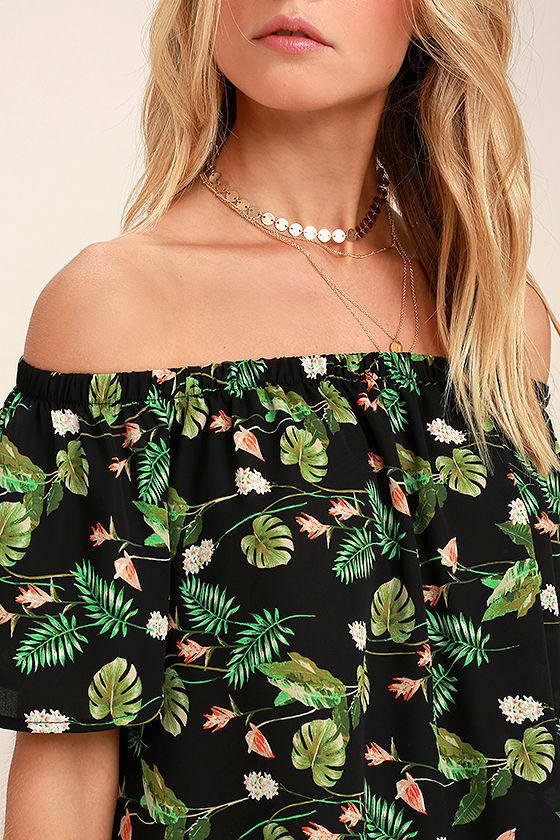 Cute Black Tropical Print Top - Off-the-Shoulder Top - Blouse - $42.00