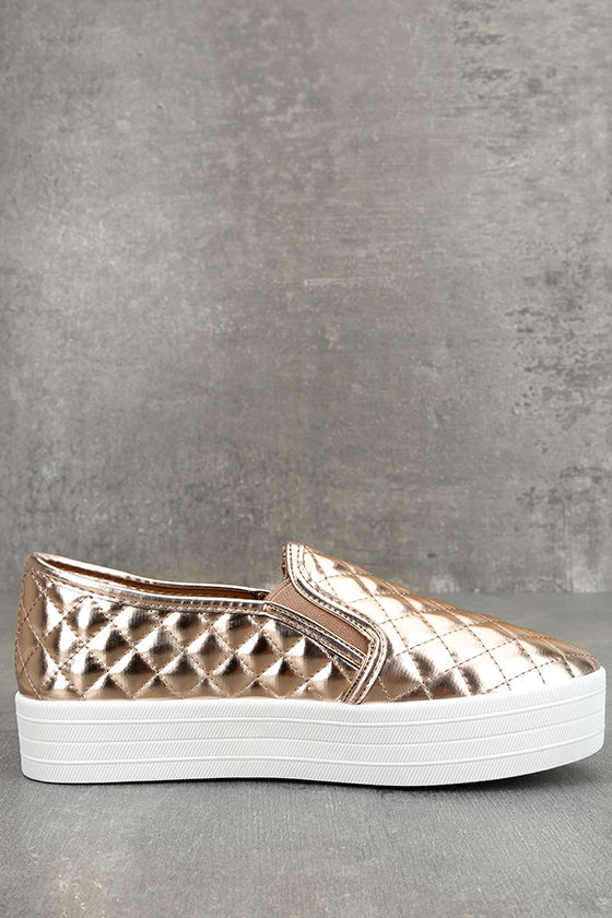 Stylish Rose Gold Sneakers - Flatform Sneakers - Quilted Metallic ...