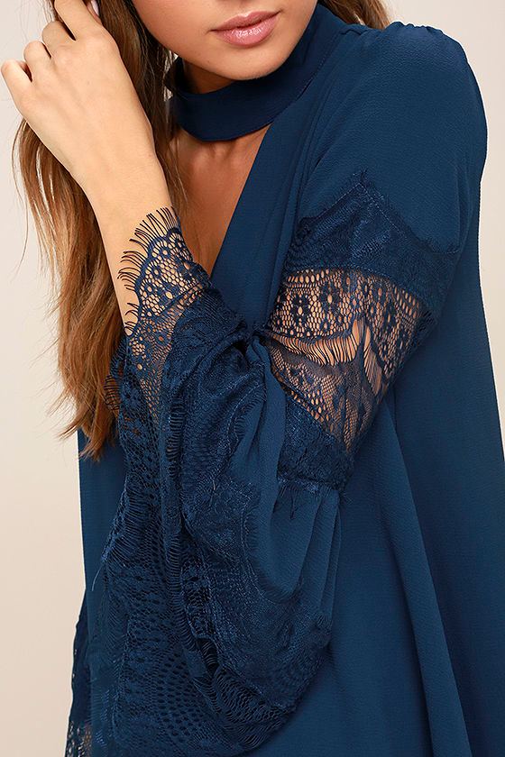Cute Navy Blue Lace Top - Long Sleeve Top - Bell Sleeve Top - $42.00