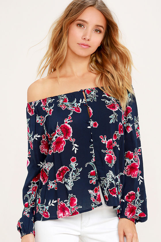 Cute Navy Blue Top - Floral Print Top - Off-the-Shoulder Top - Long ...