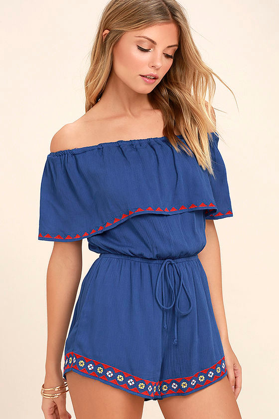 Fun Royal Blue Romper - Off-the-Shoulder Romper - Embroidered Romper ...
