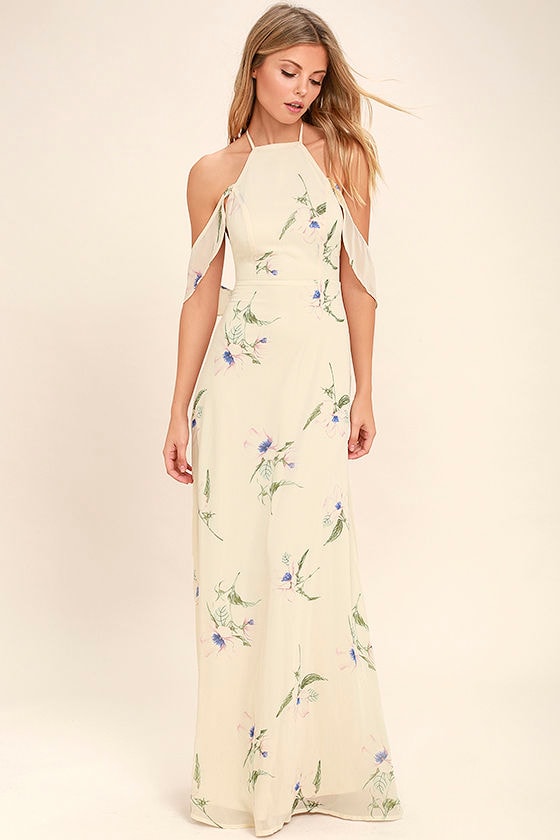 Lovely Light Beige Dress Floral Print Dress Maxi Dress 78 00