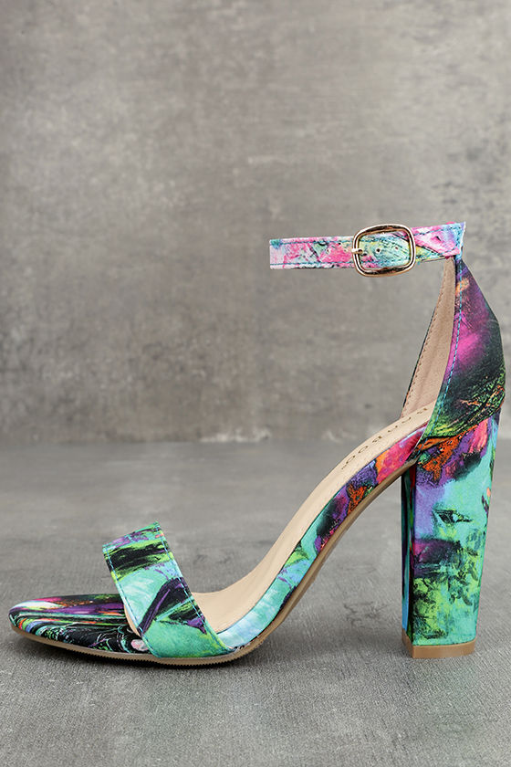Cute Blue Multi Heels - Ankle Strap Heels - Print Heels - $31.00 - Lulus