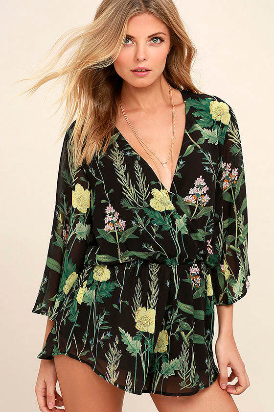 Cute Black Floral Print Romper - Long Sleeve Romper - Floral Romper ...