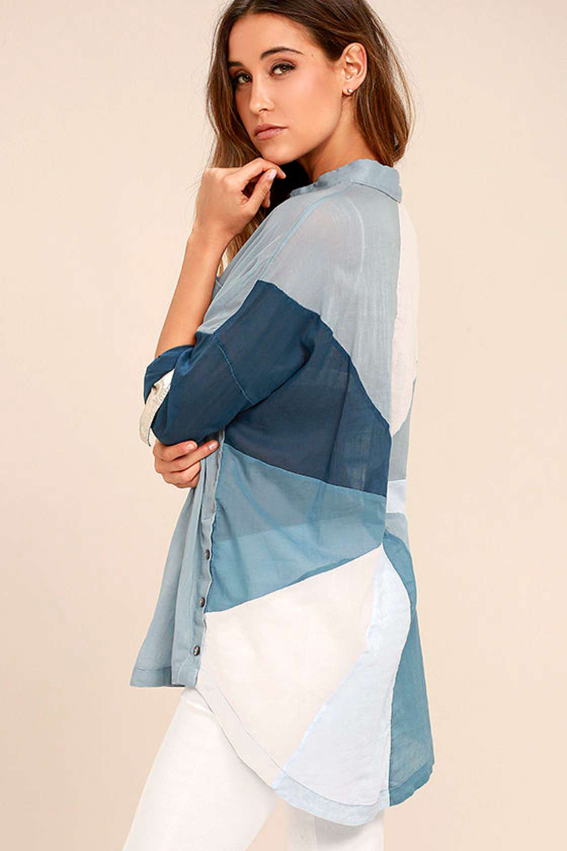 Free People Rainbow Rays - Button-Up Top - Blue Top - Sheer Top - Lulus