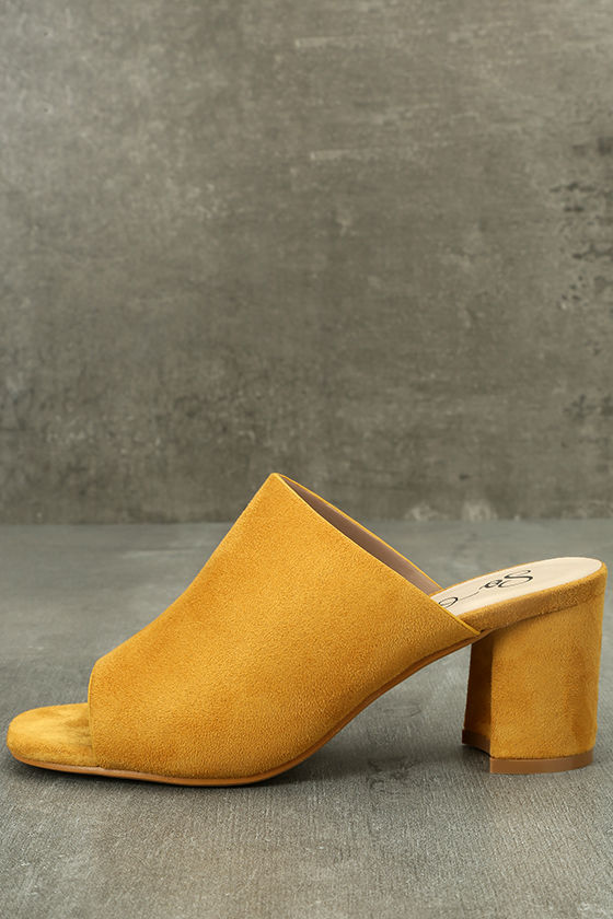 Chic Mustard Heels - Vegan Suede Mules - Yellow Mules - Peep-Toe Mules ...