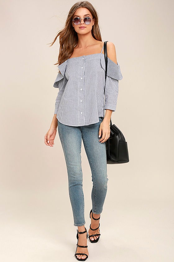 Chic Grey Top - Striped Top - Off-the-Shoulder Top - Button-Up Top ...