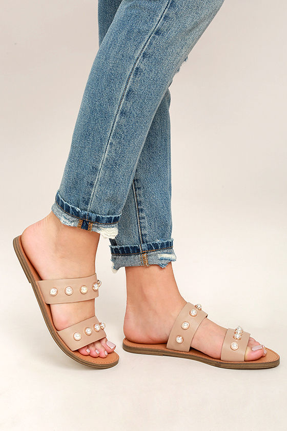 Steve Madden Jole - Nude Sandals - Leather Sandals - Nude Slide Sandals ...