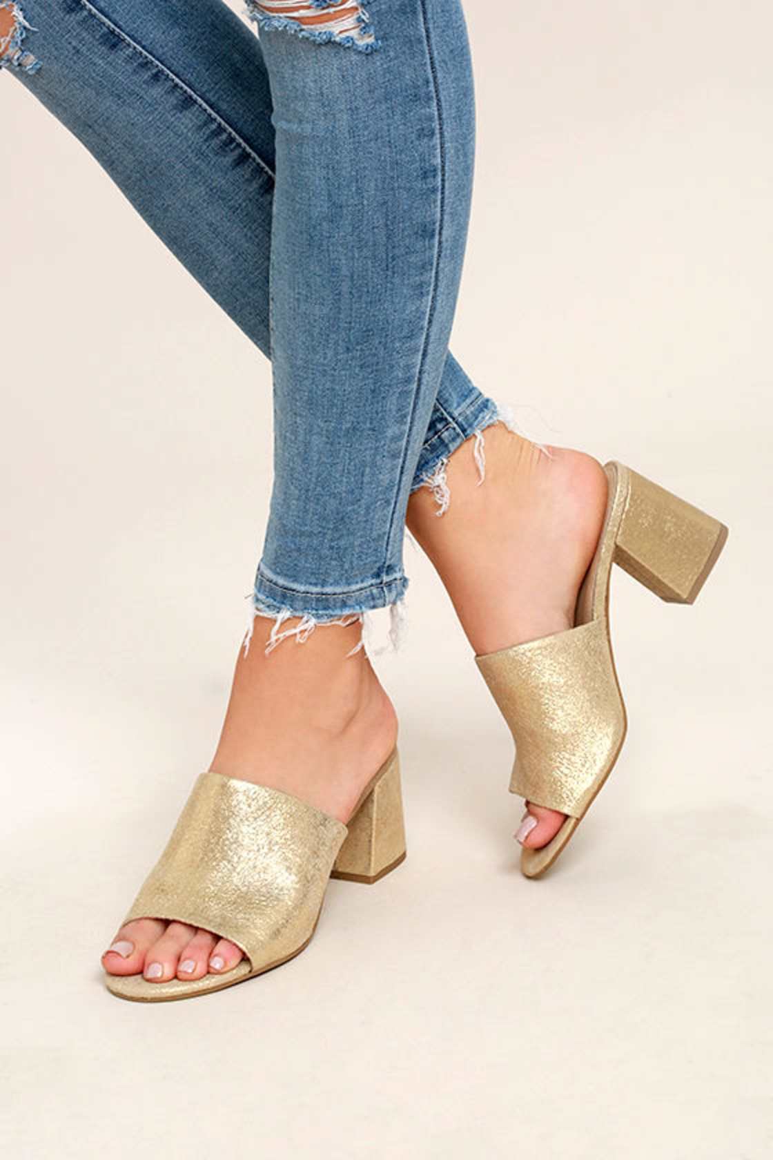 Seychelles Commute - Gold Mules - Suede Leather Mules - Peep-Toe Mules ...