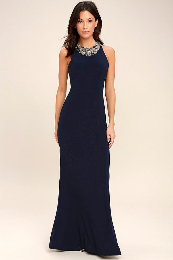 Lovely Navy Blue Maxi Dress - Beaded Dress - Bodycon Maxi Dress - $98. ...