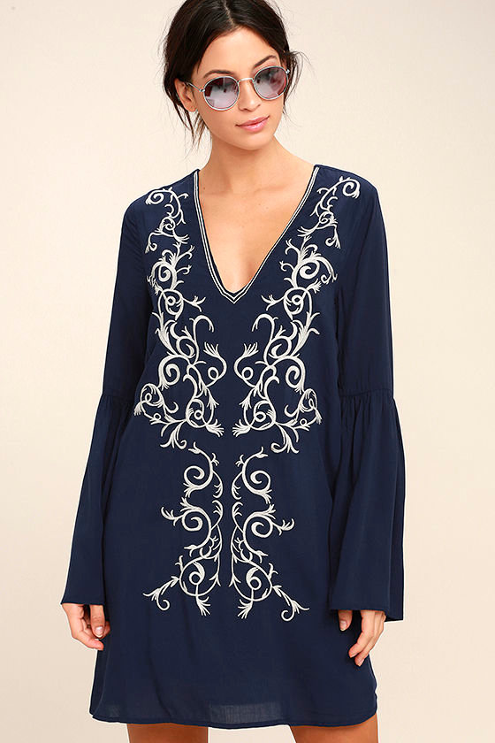 Cute Navy Blue Dress - Embroidered Dress - Shift Dress - Long Sleeve ...