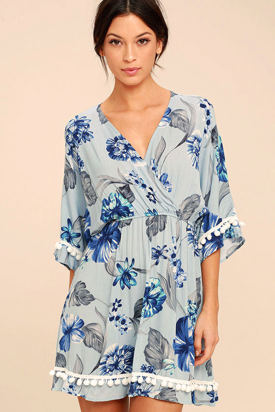 Pretty Light Blue Dress - Floral Print Dress - Pompom Dress - $69.00 ...
