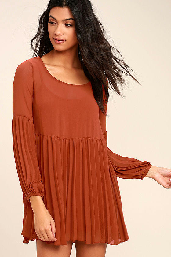 Cute Rust Red Dress - Pleated Dress - Long Sleeve Dress - Babydoll ...