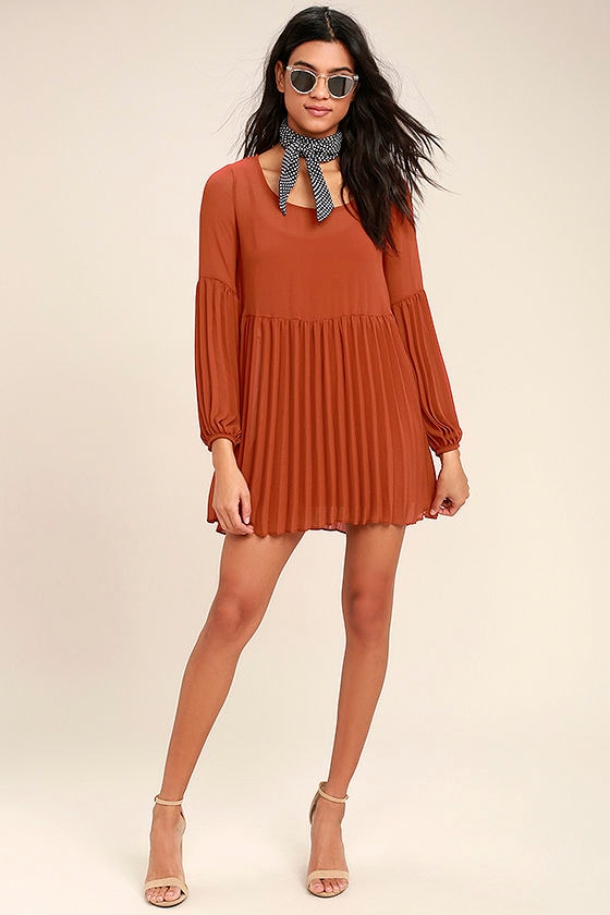 Cute Rust Red Dress - Pleated Dress - Long Sleeve Dress - Babydoll ...