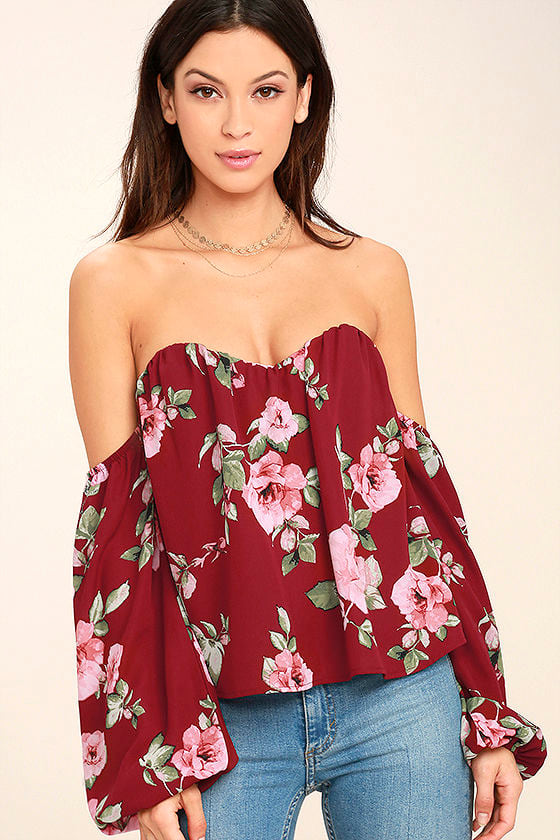 Lovely Wine Red Floral Print Top Off The Shoulder Top Boned Crop