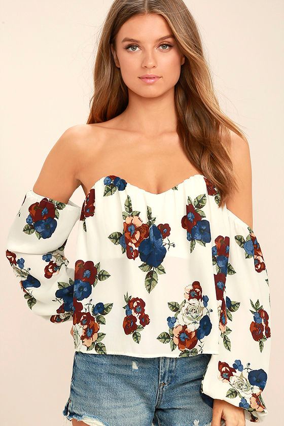 Lovely White Floral Print Top - Off-the-Shoulder Top - Boned Crop Top ...
