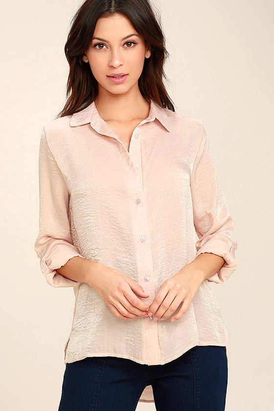 Chic Light Peach Top - Satin Top - Button-Up Top - Satin Blouse - $49. ...