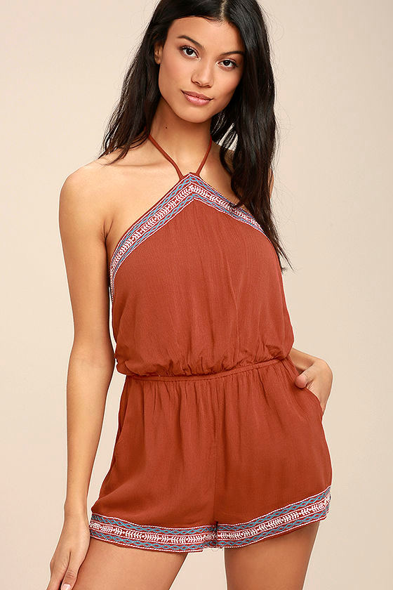 Cute Rust Red Romper - Embroidered Romper - Halter Romper - $9.00 - Lulus