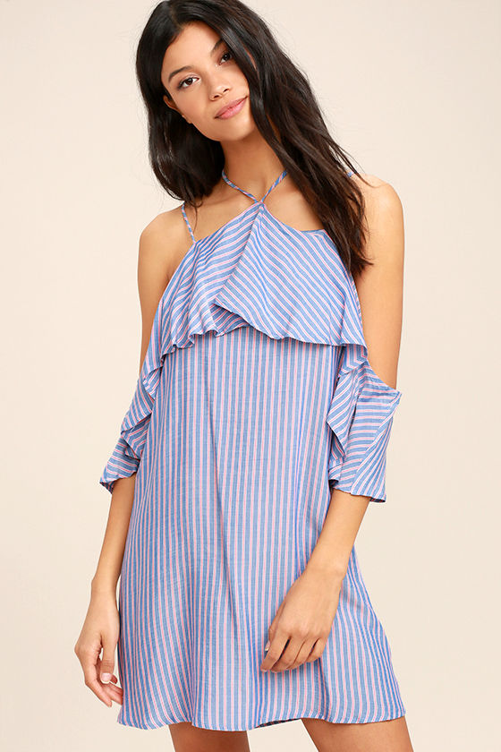 Cute Blue Striped Dress - Off-the-Shoulder Dress - Shift Dress - Halter ...