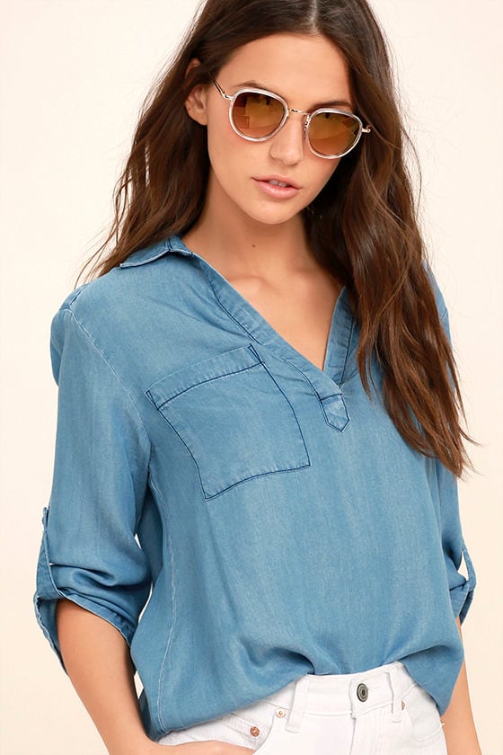 Cute Chambray Top Collared Chambray Top High Low Chambray Top 67