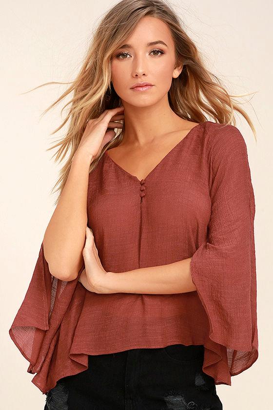 Boho Rust Red Top - Long Sleeve Top - Peasant Top - $36.00