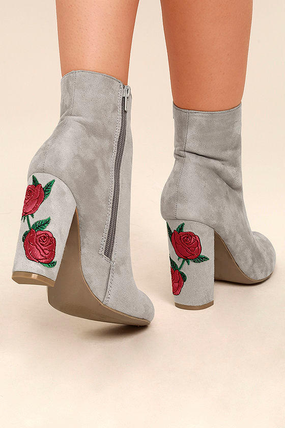Cute Light Grey Booties - Vegan Suede Booties - Embroidered Booties ...