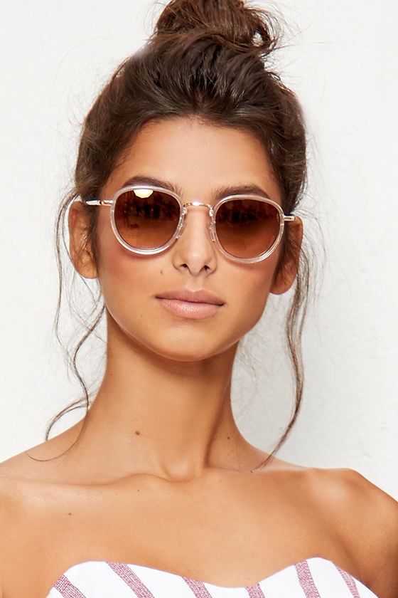 Stylish Clear Sunglasses - Clear and Gold Round Sunglasses - Lulus
