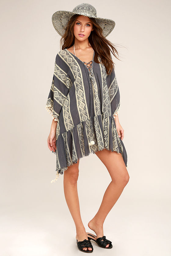 Cool Charcoal Grey Cover-Up - Print Cover-Up - Pompom Cover-Up - $78.00 ...