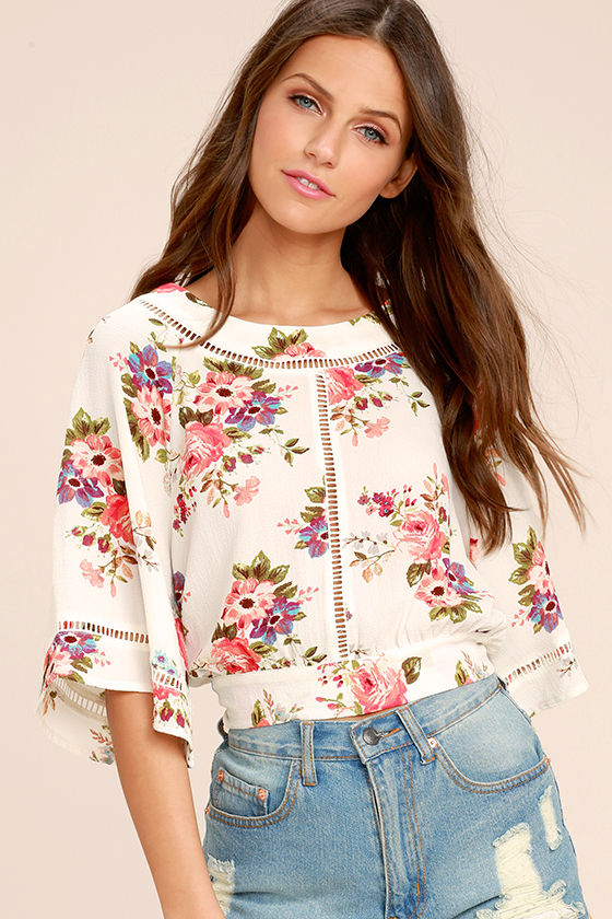 Cute Ivory Crop Top Floral Print Crop Top Tying Crop Top 37 00