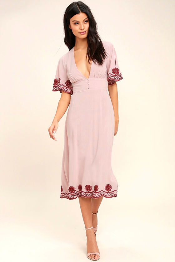 Lovely Light Mauve Dress - Midi Dress - Embroidered Dress - $79.00 - Lulus