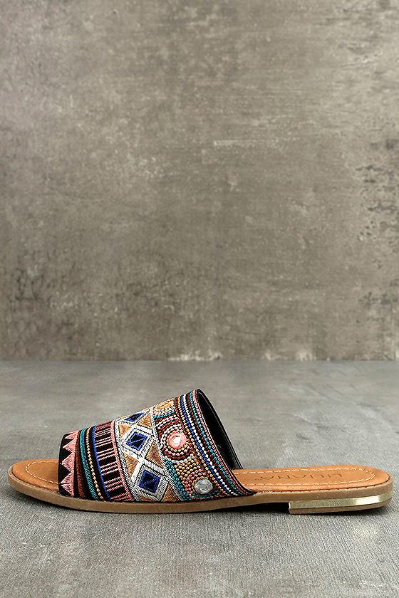 Boho Sandals - Black Vegan Suede Slides - Embroidered Slides - Slide ...