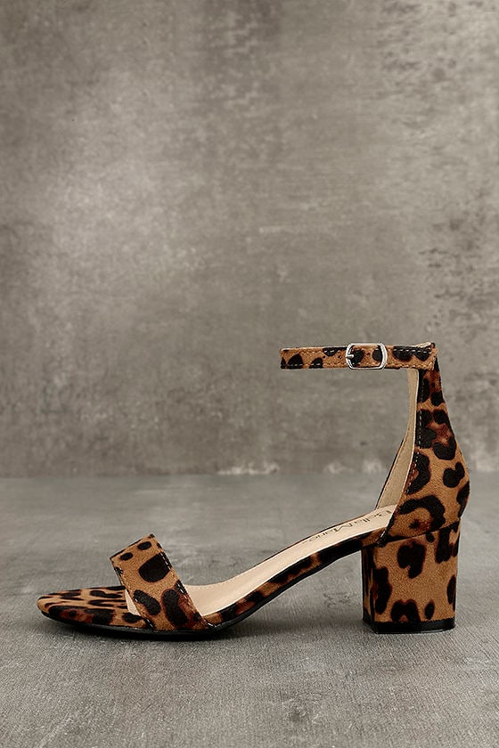 Cute Leopard Print Heels Vegan Suede Ankle Strap Heels Single Sole