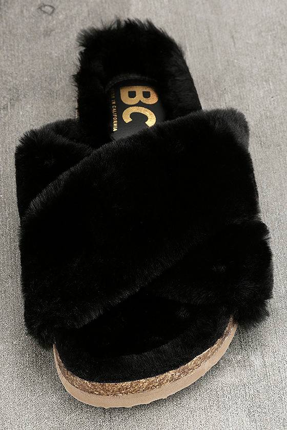 BC Footwear Myth - Black Faux Fur Slides - Fur Sandals - $65.00
