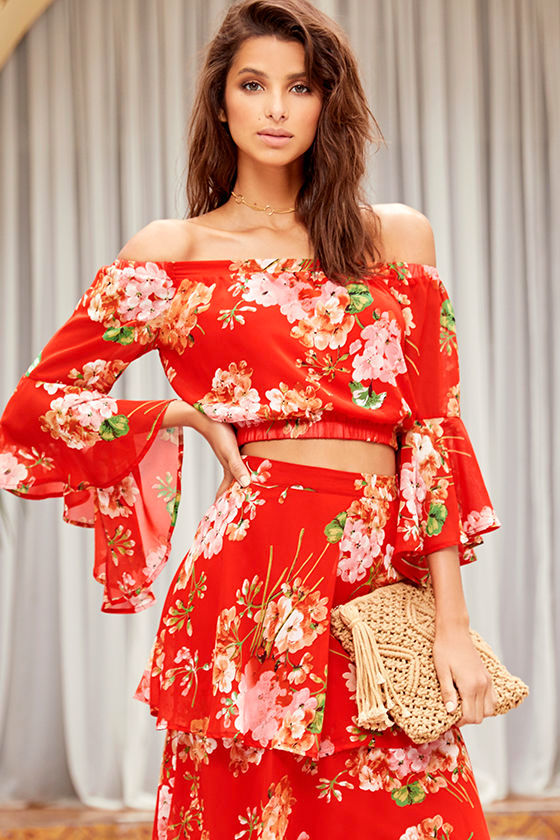 Cute Red Floral Print Top Off The Shoulder Crop Top Bell Sleeve