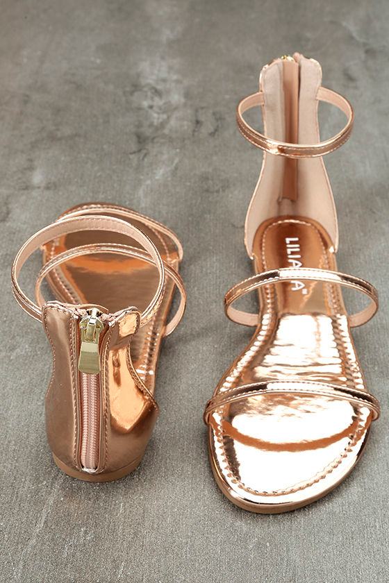 Cute Rose Gold Sandals - Metallic Flat Sandals - Rose Gold Ankle Strap ...